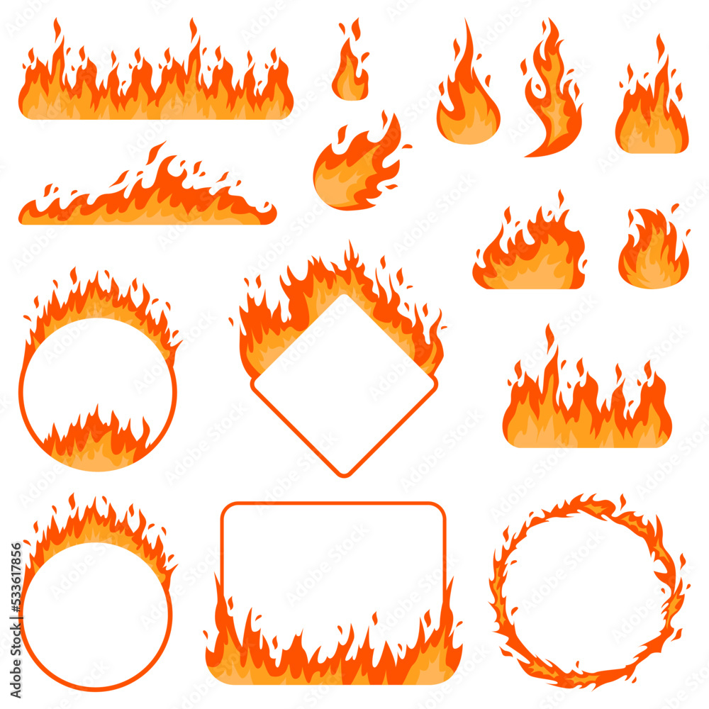 Fire flames, bright fireball, campfire heat isolated icons set ...