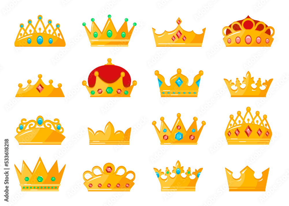 Crowns set. Golden royal jewelry symbol of king queen princess. Sign of ...