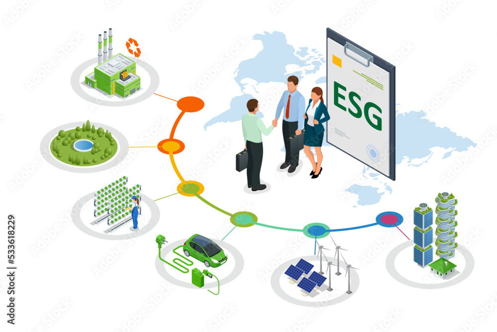Grafika wektorowa Stock: Isometric ESG concept of Environmental, Social ... Grafika wektorowa Stock: Isometric ESG concept of Environmental, Social ...