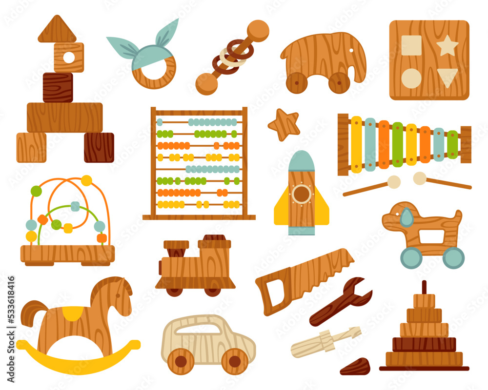 Cartoon wooden toys. Vintage wood toys for games and entertainment ...