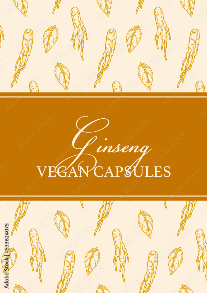 Hand drawn ginseng packaging design. Botanical vector illustration in ...