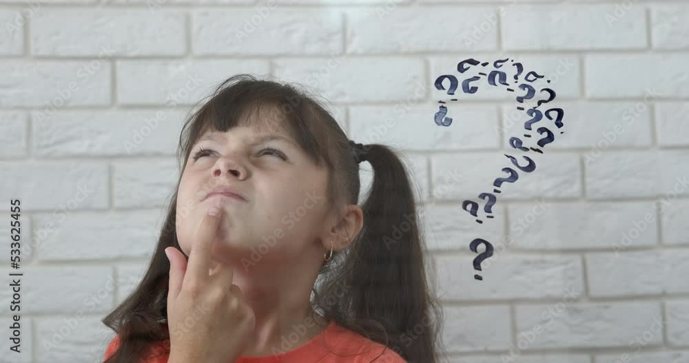 A child face with questions. An exiting little girl think about her ...