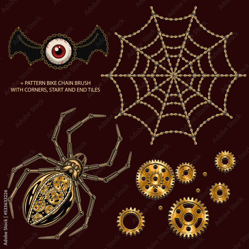 Set with surreal monsters, gold metallic robotic spider, spiderweb ...