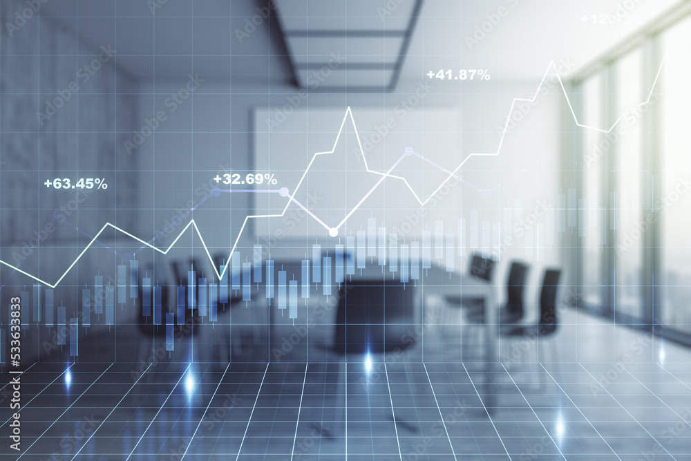 Multi exposure of virtual abstract financial diagram on a modern ...