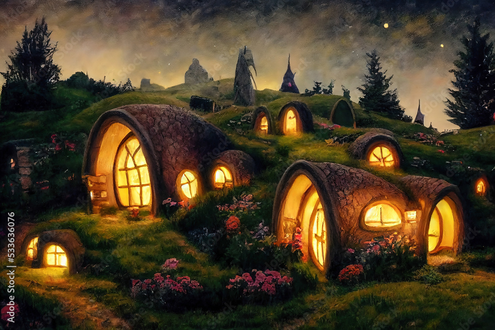 Village at night with night lamps illuminating the interiors of houses ...