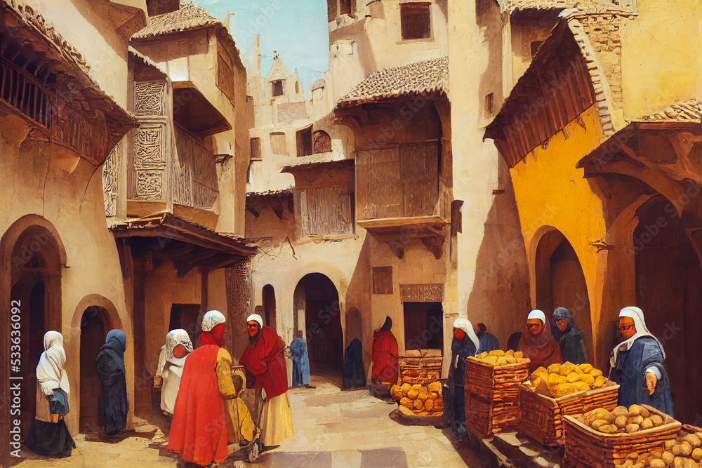 Medieval Arabic town market with local people selling fruit and vegetables in shops. Historic ...