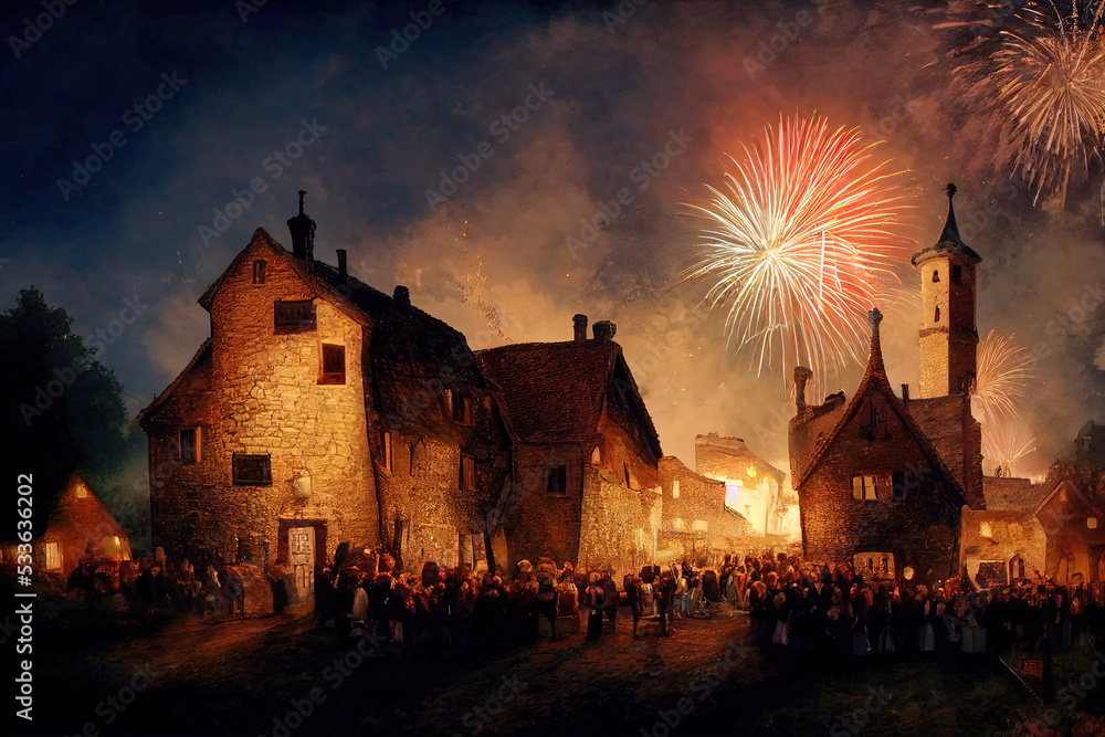 Medieval painting of a town celebrating the New Year with fireworks ...