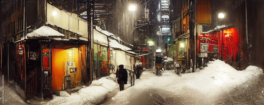 Tokyo city streets, alleyway at night in the winter. Digital artwork ...
