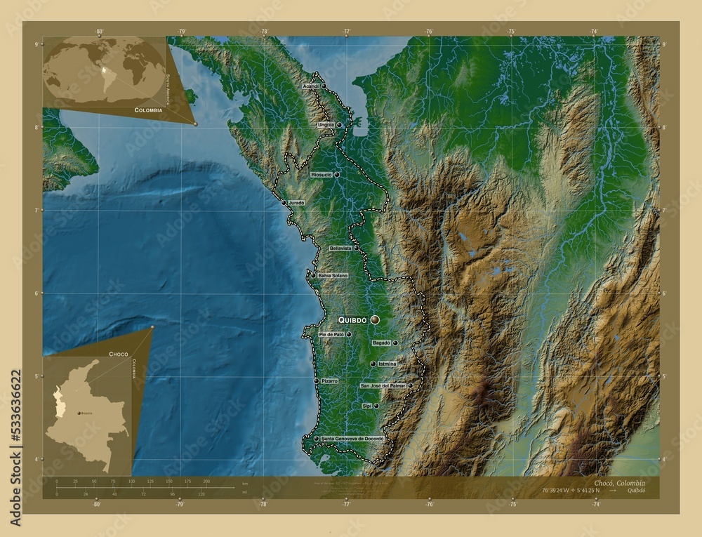 Choco, Colombia. Physical. Labelled points of cities Stock Illustration ...