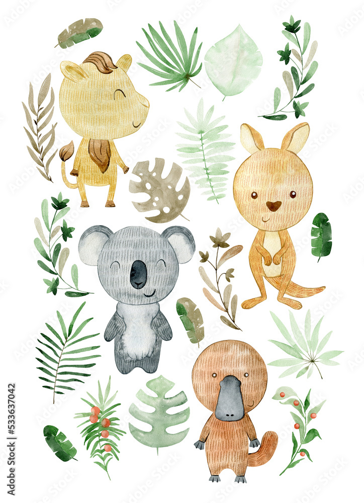 Watercolor arrangements with australian animals. Stock Illustration ...