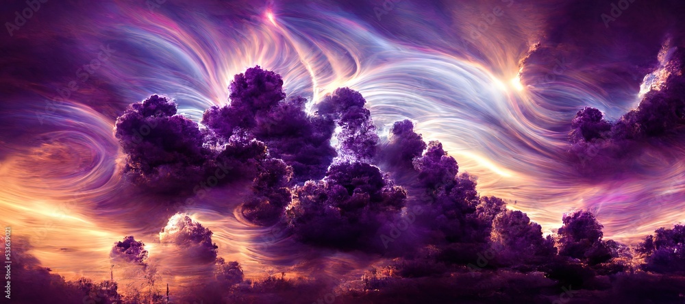 Surreal purple cloudscape of intense bright sunlight glow, dramatic ...