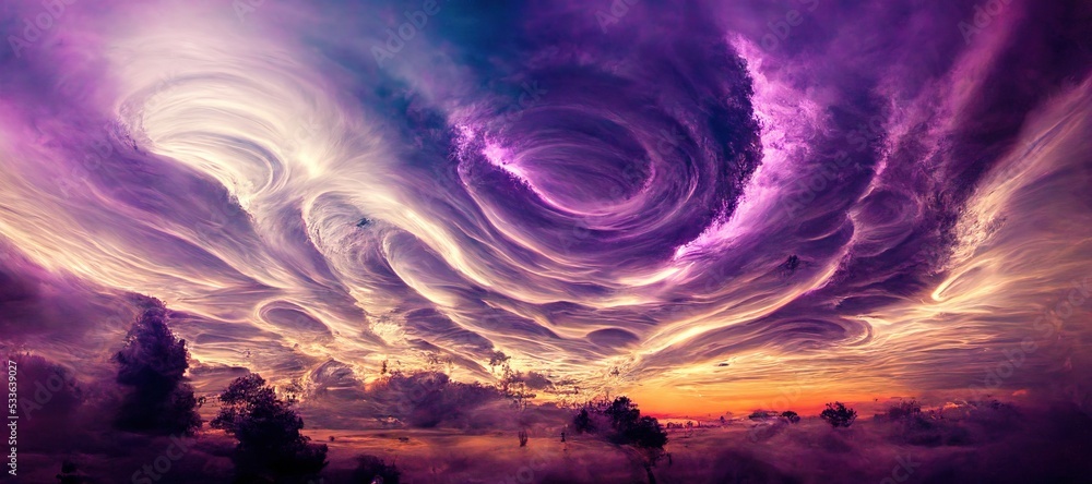 Surreal purple cloudscape of intense bright sunlight glow, dramatic ...