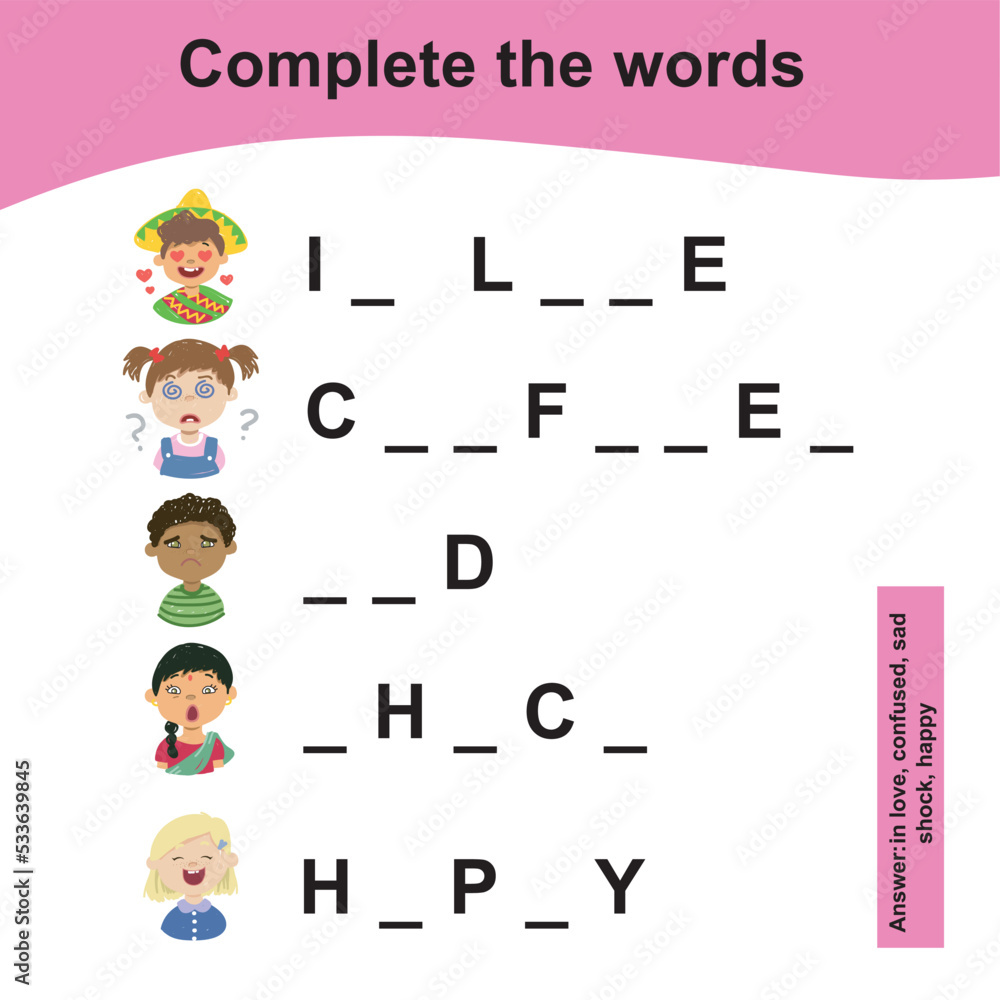 complete the missing word worksheet for toddlers feelings theme ...