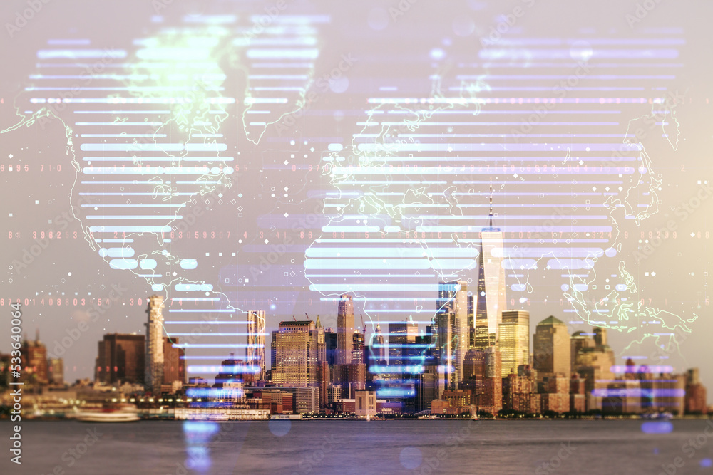 Multi exposure of abstract graphic world map hologram on Manhattan ...