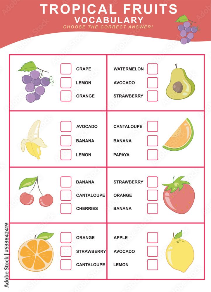 Fruit vocabulary worksheet for toddlers. tick the correct answer ...