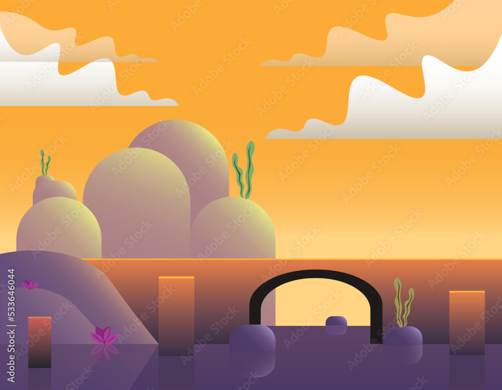 Vector background for cartoon scene, long bridge between hills against ...