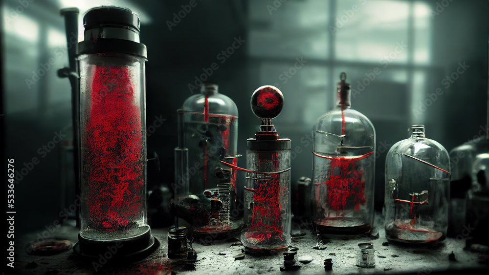 3 D render. Horrible genetic laboratory of monsters, mutants. Horror ...