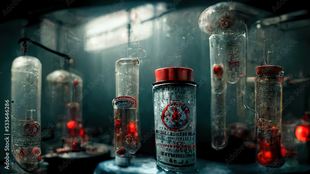 3 D render. Horrible genetic laboratory of monsters, mutants. Horror ...