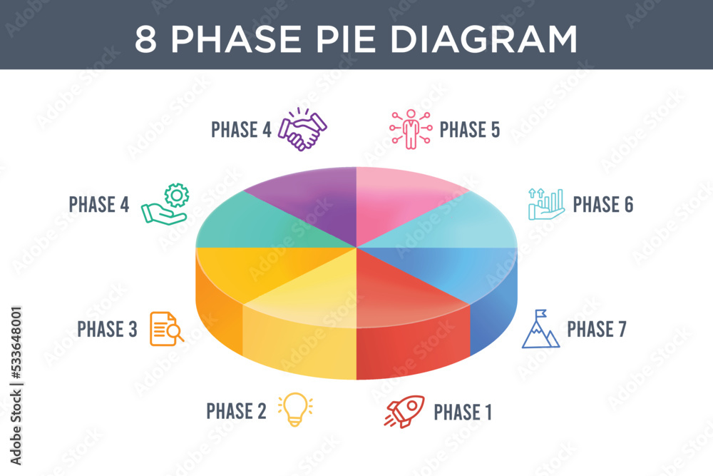 3D Pie chart statistics infographic with different colors. 8 Phase ...