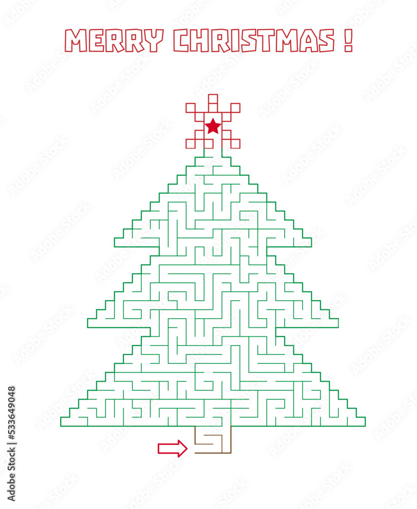 Christmas tree shaped labyrinth. Kids Merry Christmas activity page ...