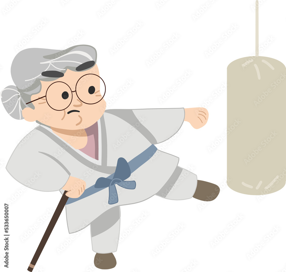 Old lady training for Karate. Judo and martial arts granny. Stock ...
