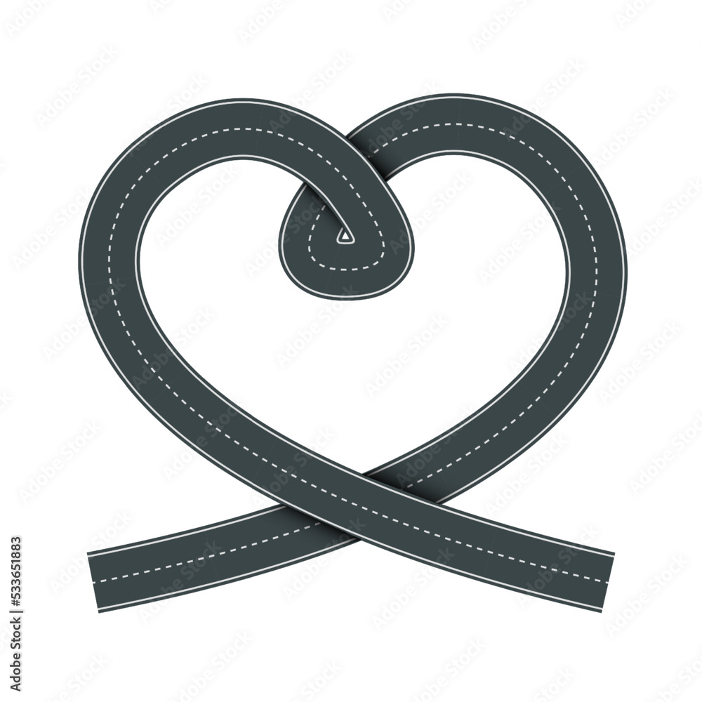 Vector illustration of heart shaped road with white markings isolated ...