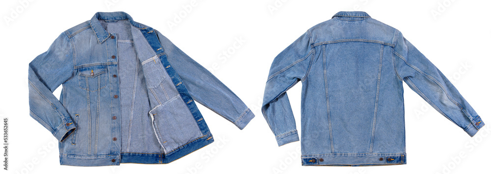 Stylish denim jacket collage front and back isolated on white ...