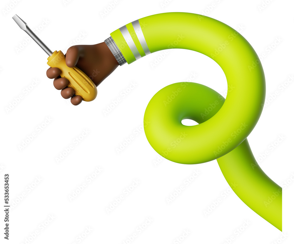 3d render, cartoon african human hand with dark skin holds screwdriver ...