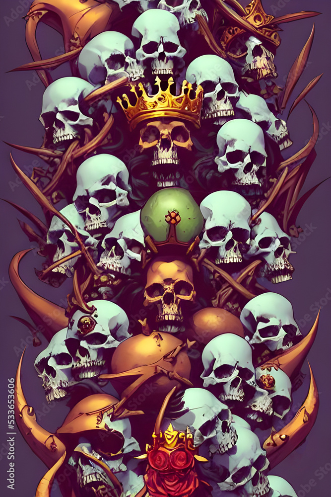 dark comic poster background with a pile of skulls and a king with his ...