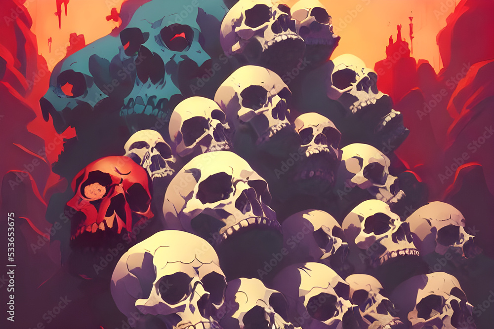 comic poster background with a pile of skulls in hell - hard shadows ...