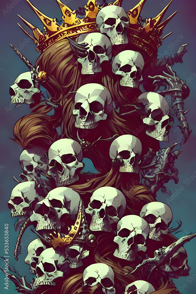 dark comic poster background with a pile of skulls, long hair and a ...