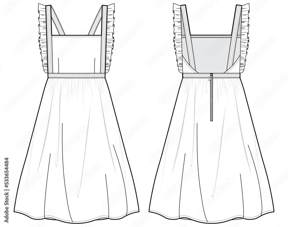 sleeveless ruffle strap dress flat sketch vector illustration template ...