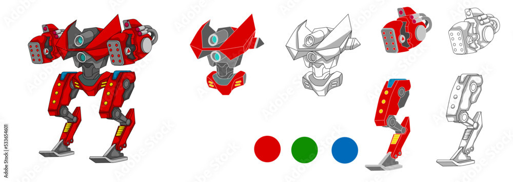 Vector illustration of fighter robot with separate components isolated ...