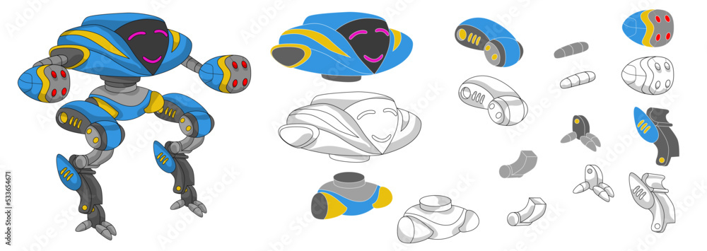 Vector illustration of fighter robot with separate components isolated ...