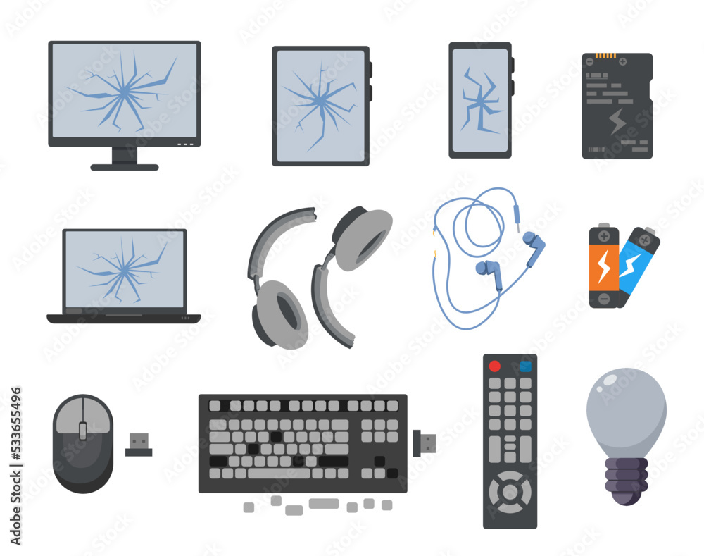 E-waste set. Electronics IT devices broken and waste collections ...