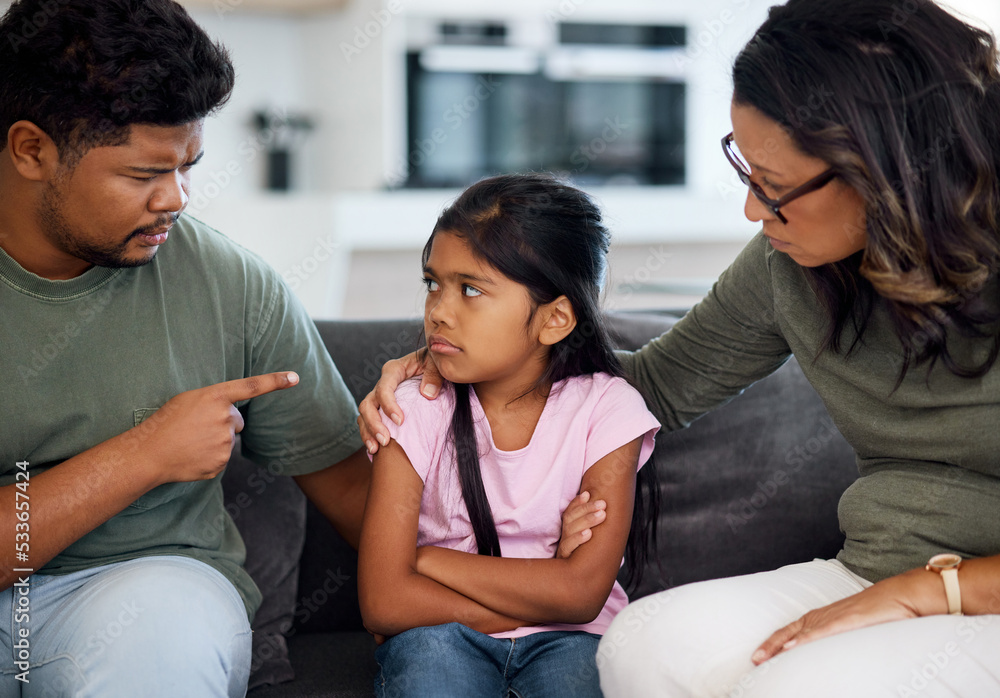 Family, discipline and fight with parents and girl in living room ...