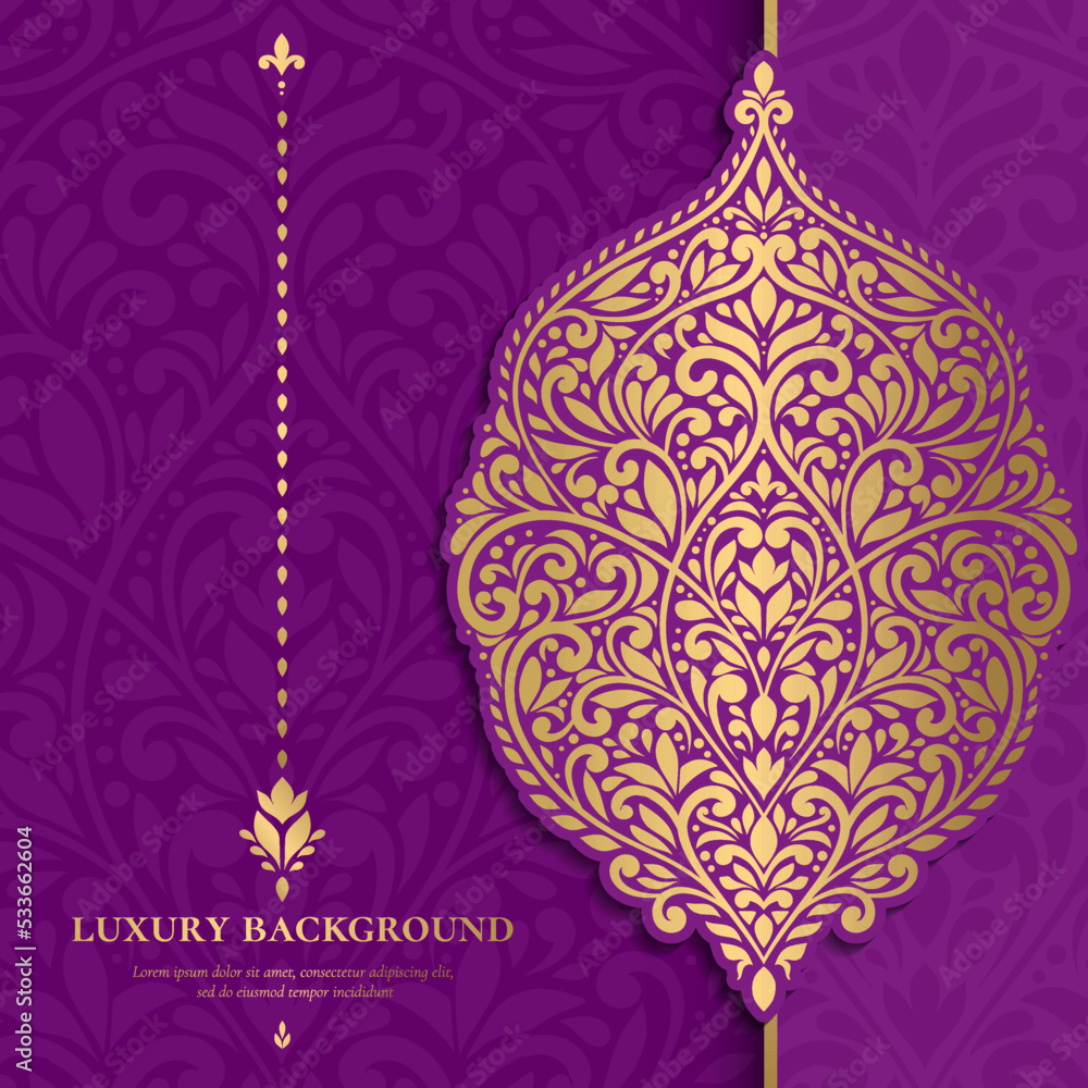 Purple and gold Indian background. Luxury pattern template. Vector ...
