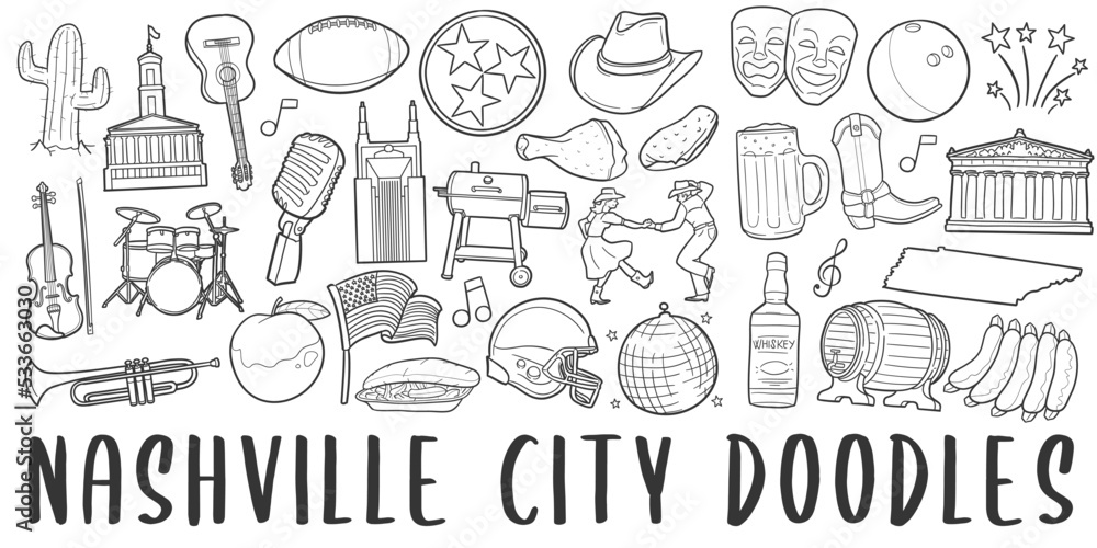 Nashville, TN, USA Doodle Icons. Hand Made Line Art. Culture Clipart ...