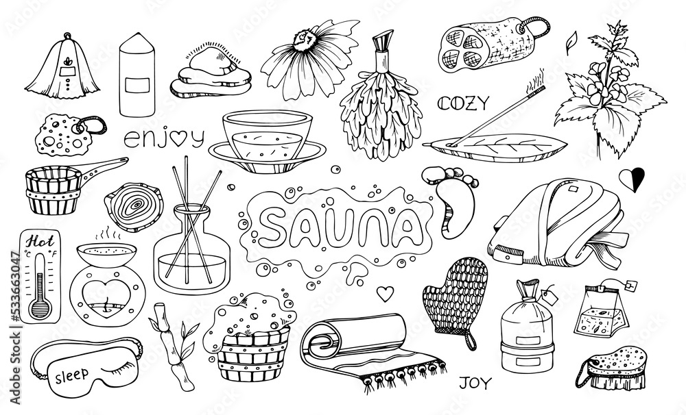 Sauna Doodle Set. Hand drawn bathing accessories. Vector outline ...