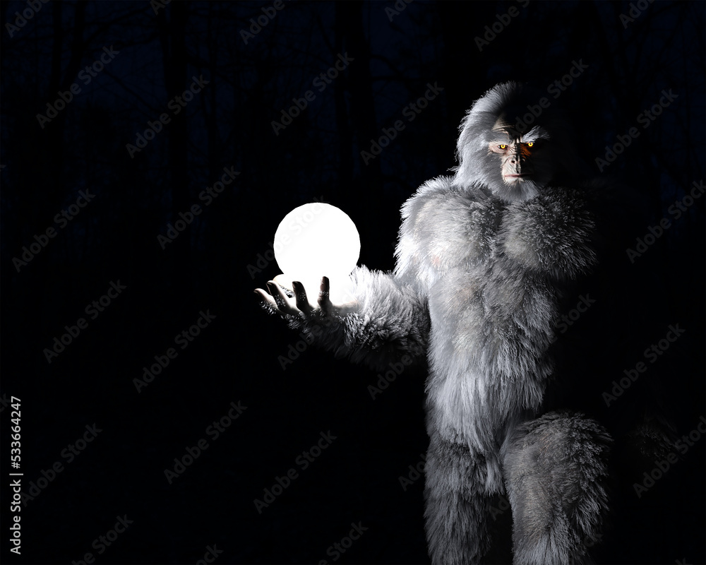 A mysterious white furred Bigfoot cryptid holding a glowing orb in a ...