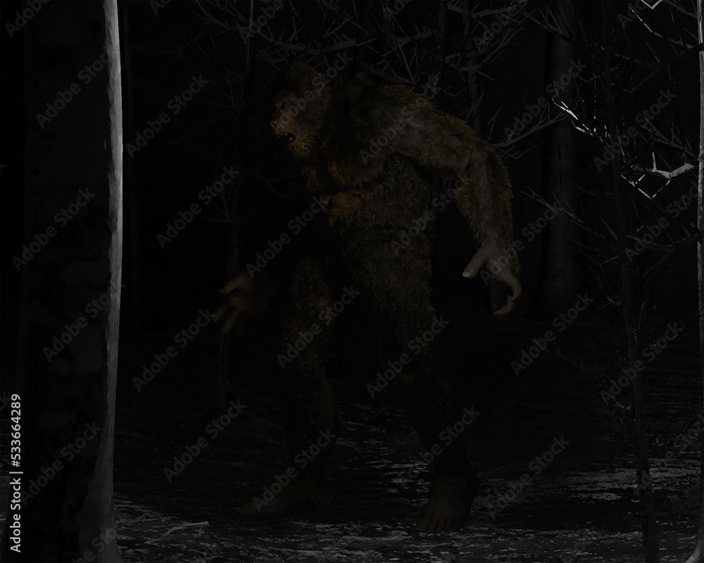 The Gugwe variant of Bigfoot walking through a snowy forest at night ...