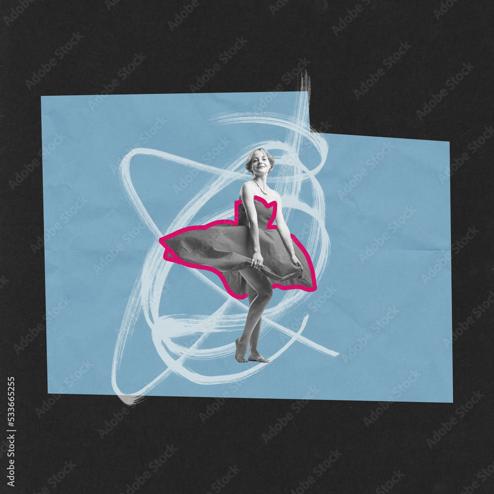 Contemporary art collage. Beautiful young woman in attractive dress ...