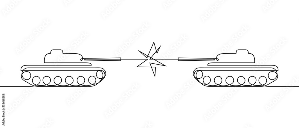 Tank battle in continuous line art drawing style. Armed conflict black ...