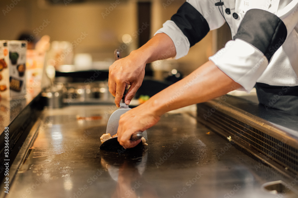 Hand of man take cooking of meat with vegetable grill, Chef cooking ...