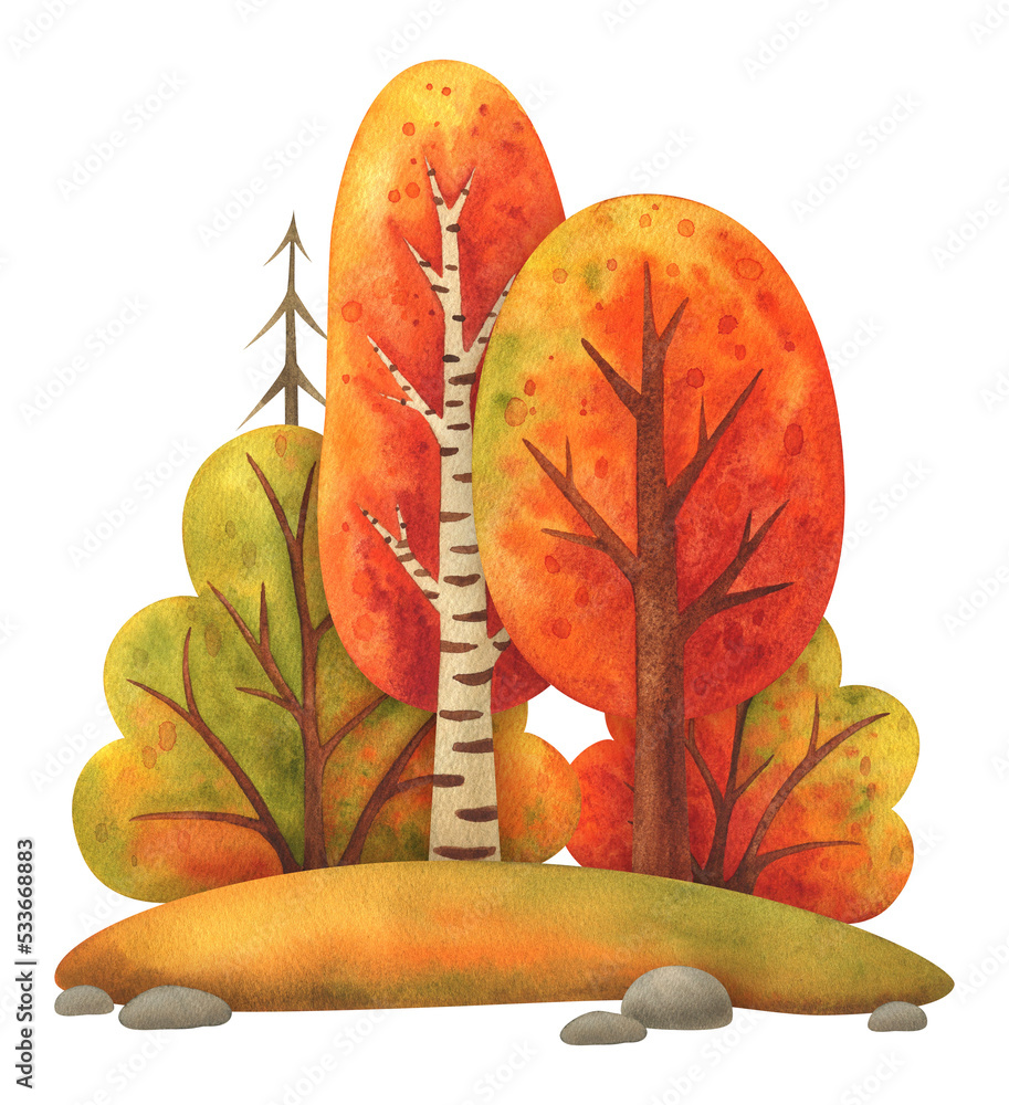 Watercolor autumn landscape for the background. Autumn nature clipart ...