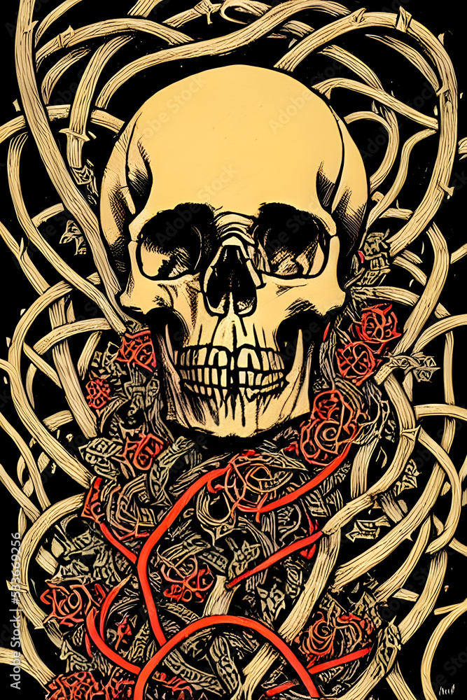 tarot card of a human skull wrapped in vines on black paper with ...