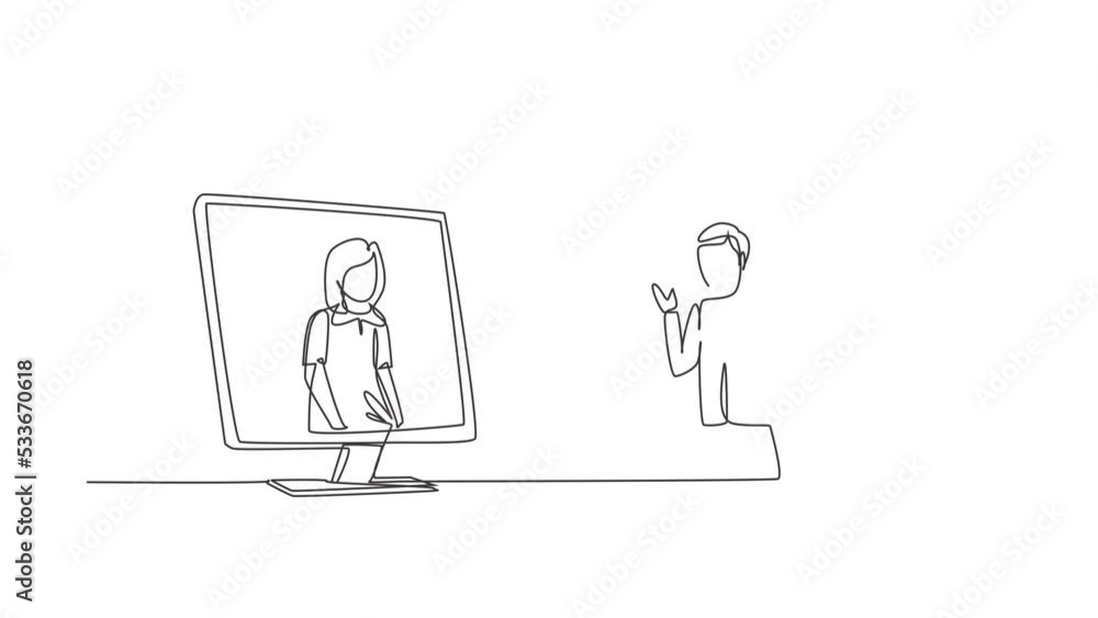 Animated self drawing of continuous line draw two monitors are standing ...