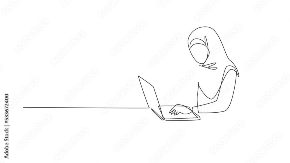 Animated self drawing of continuous line draw young Arab woman typing ...