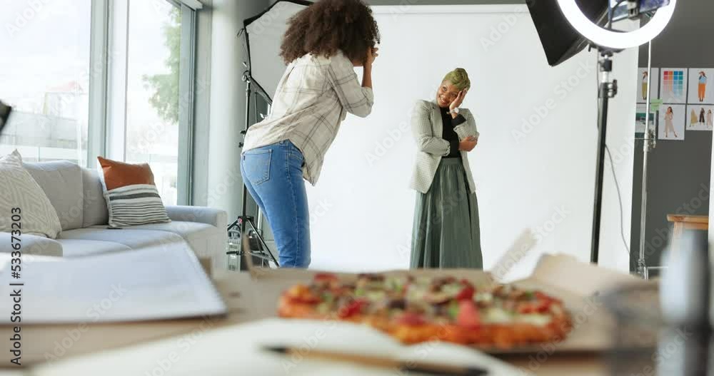 Studio, creative and photoshoot with photographer and model for fashion ...