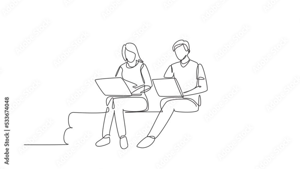 Self drawing animation of single line draw couple with laptop sitting ...